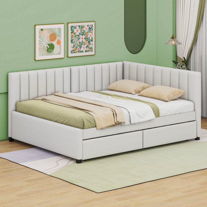 Full Double Upholstered Daybed with 2 Storage Drawers Sofa Bed Frame Beige
